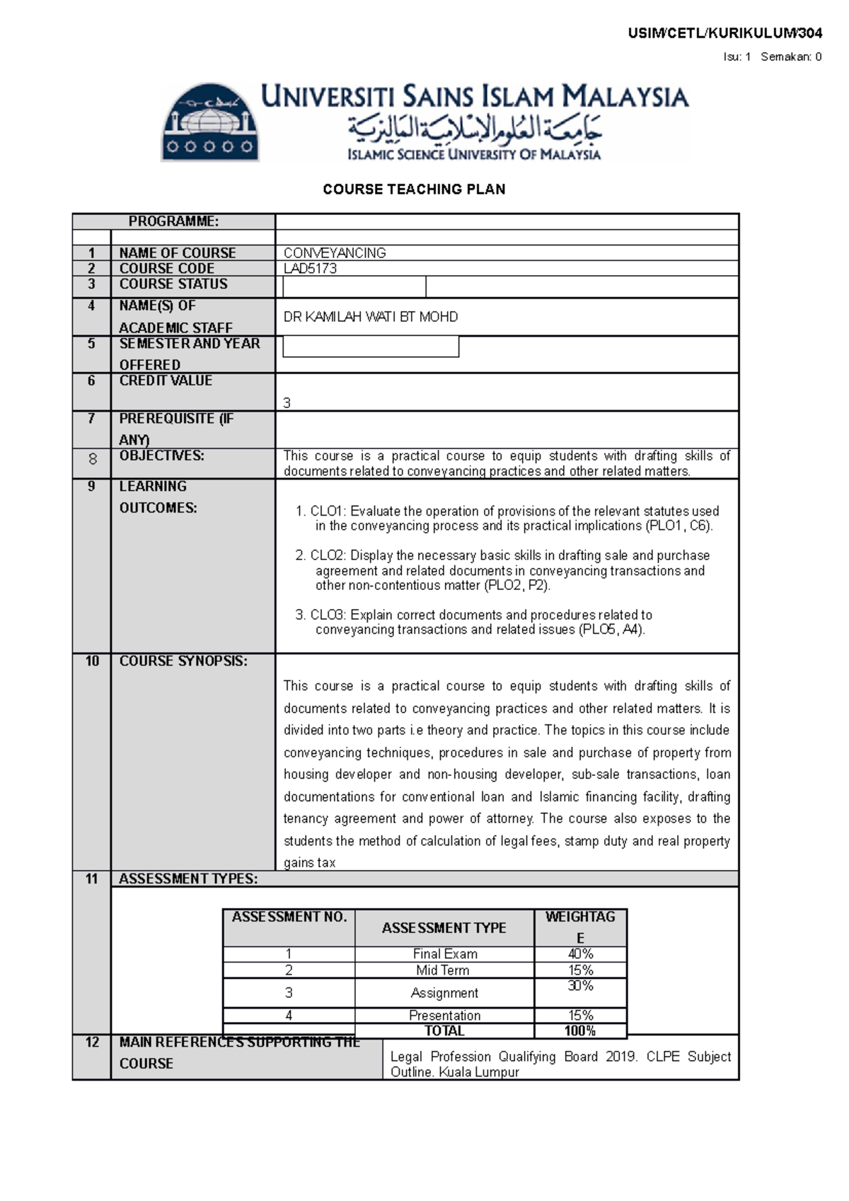 Course Teaching PLAN LAD5173 Conveyancing A211 - USIM/CETL/KURIKULUM ...