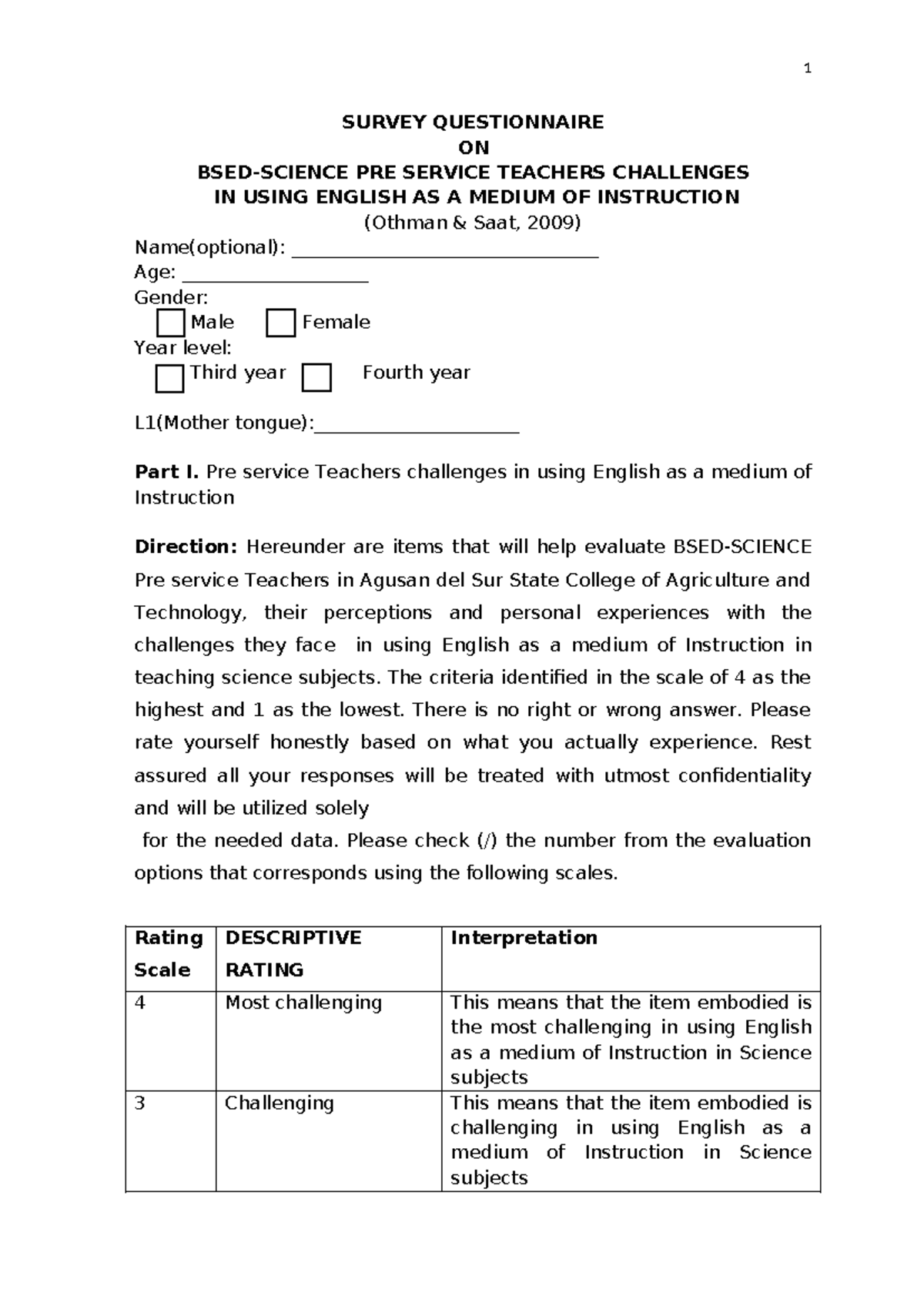 IEM research questionnaire - SURVEY QUESTIONNAIRE ON BSED-SCIENCE PRE ...