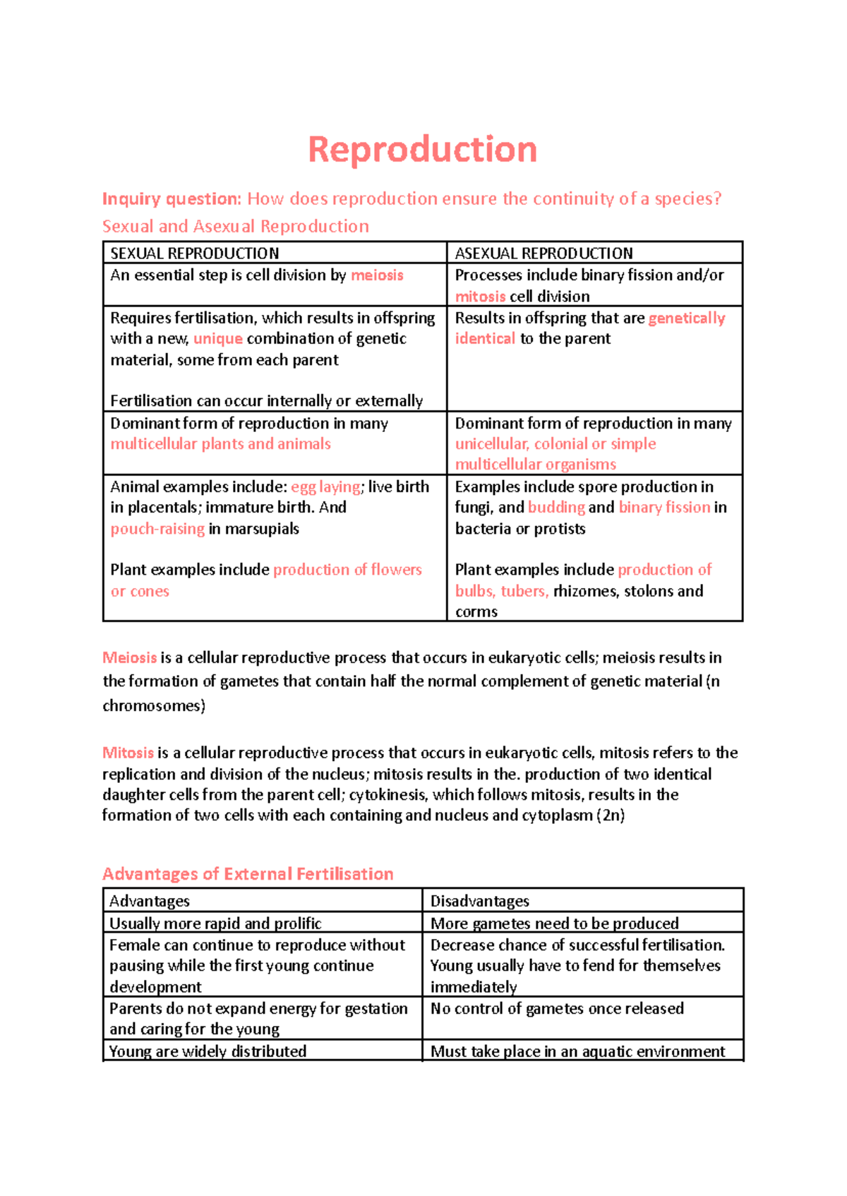 Biology year 12.docx - bio notes - Reproduction Inquiry question: How ...