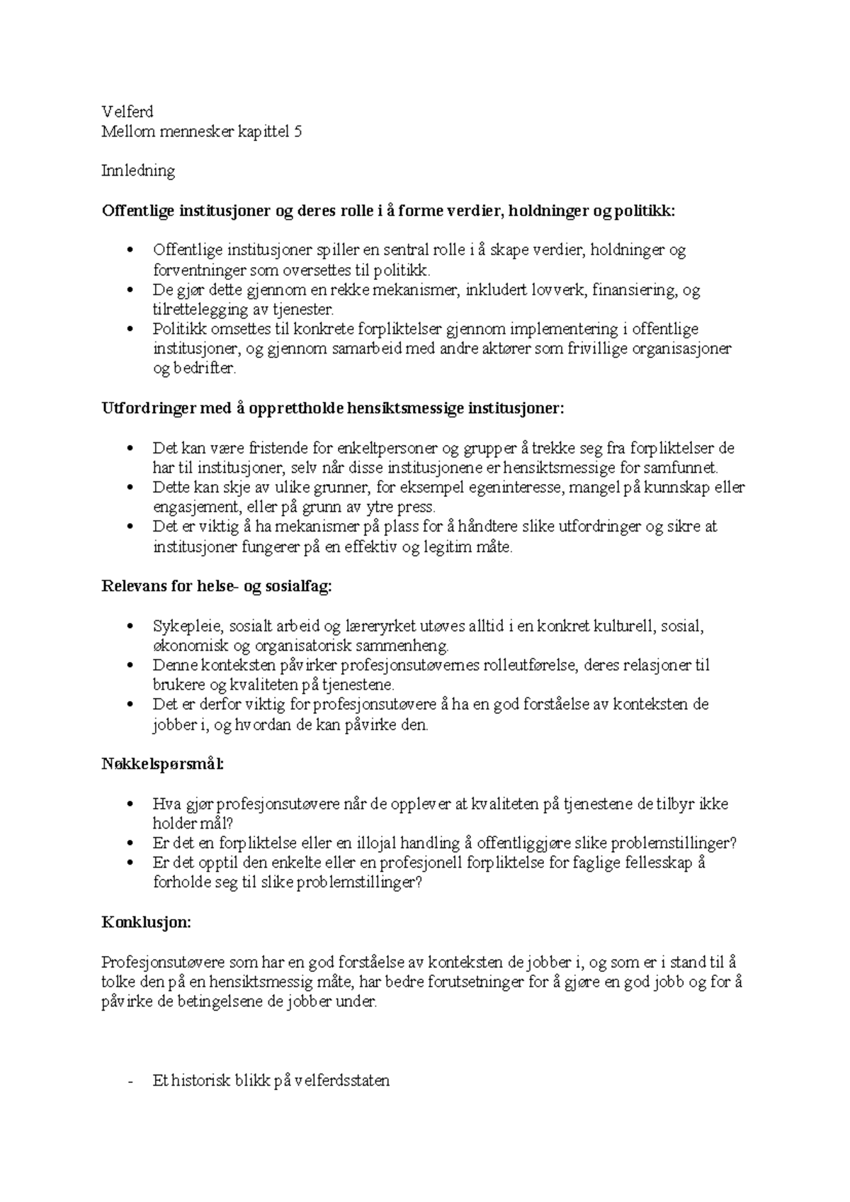 Velferd - Sammendrag Mellom mennesker og samfunn - Velferd Mellom mennesker kapittel 5 ...
