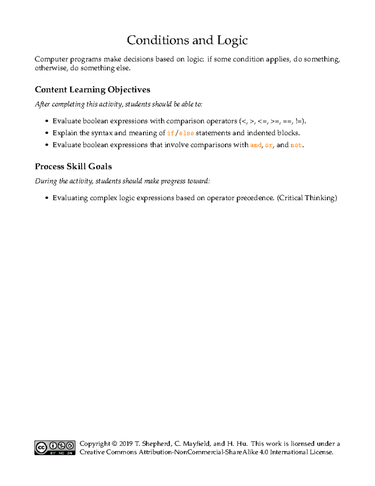Conditions Student - discovery - Conditions and Logic Computer programs ...