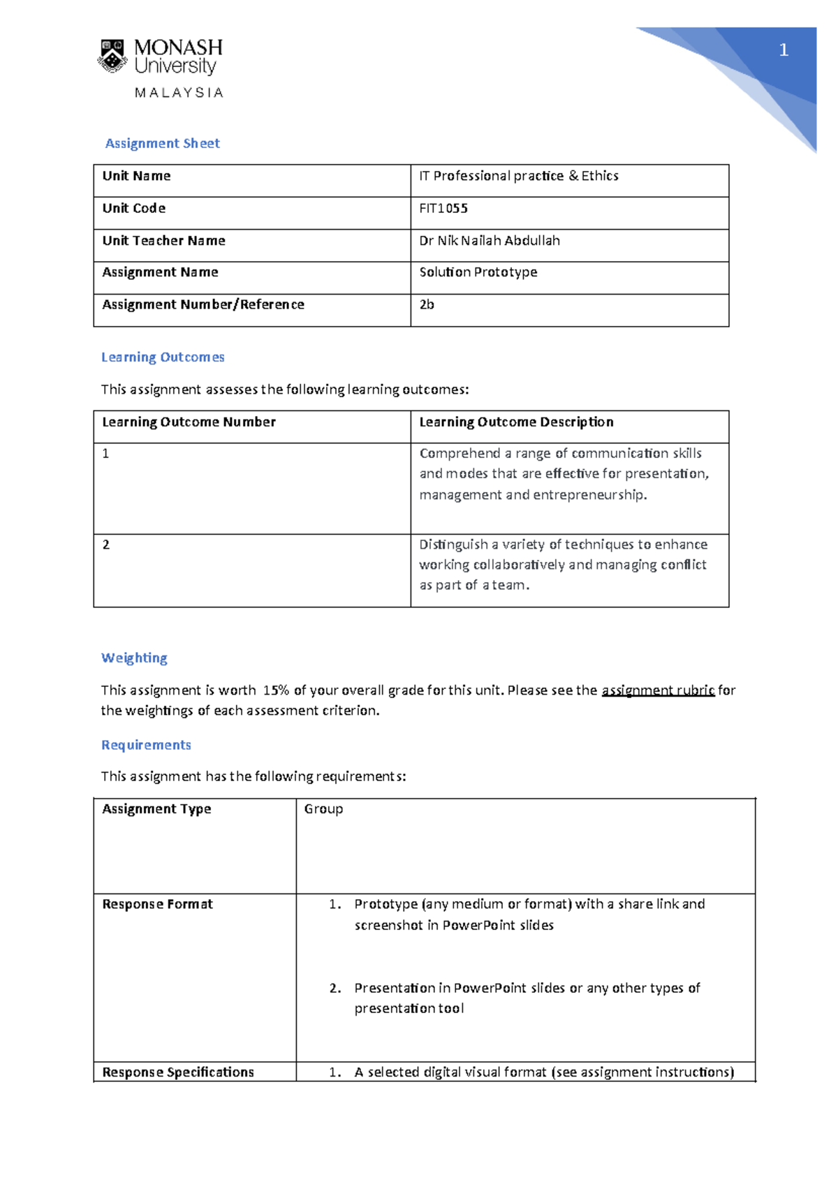 Assignment 2b Sheet Guideline - Solution Prototype S2,2024 - Assignment ...