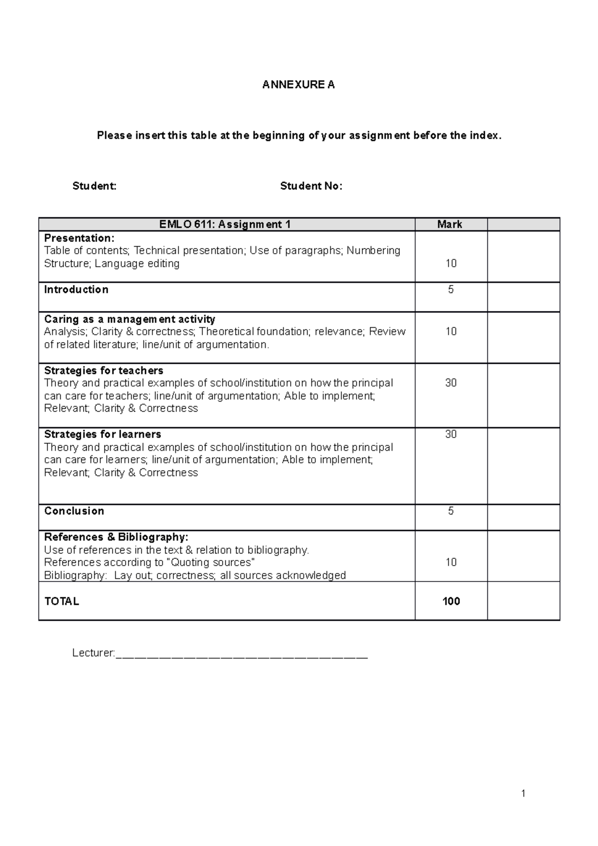 EMLO 611 Assignment 1 - ANNEXURE A Please insert this table at the beginning of your assignment ...
