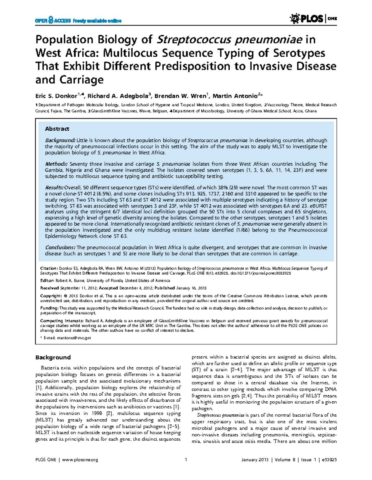 Population Biology of Streptococcus pneu - Donkor1,4, Richard A ...