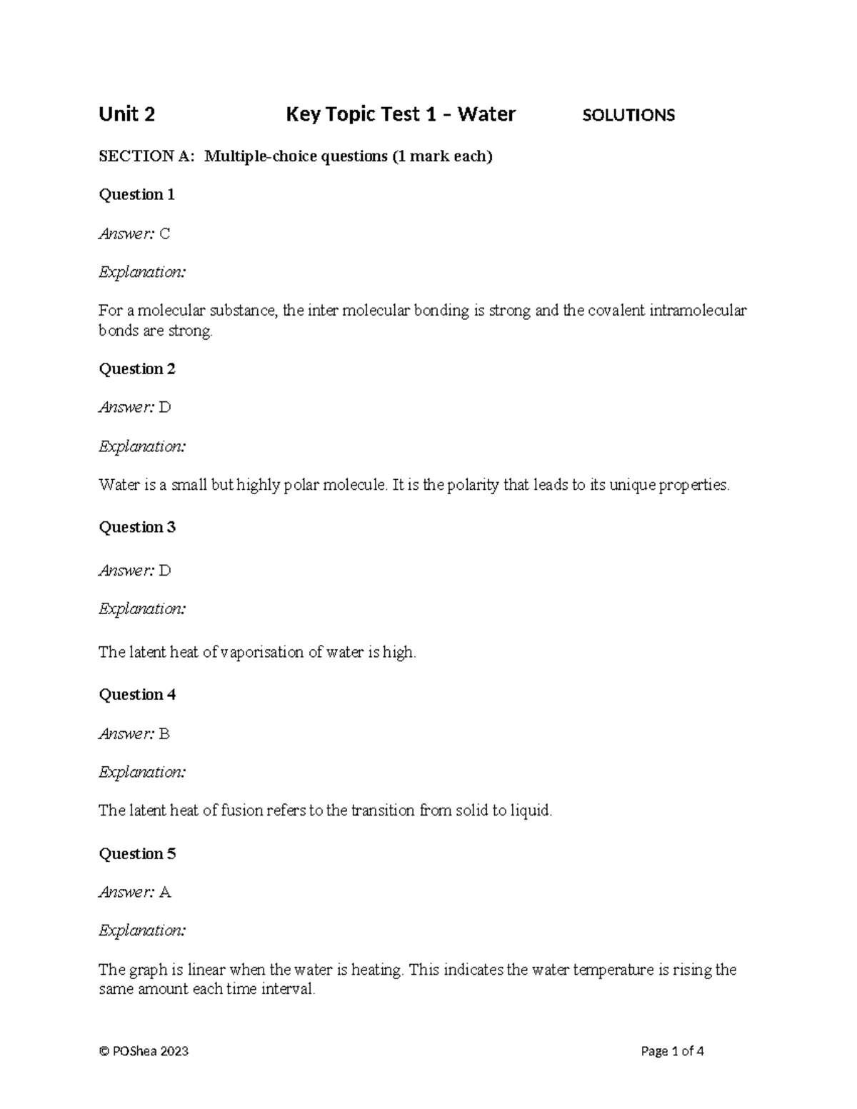 Unit 2 tt1 water solns - Science - Unit 2 Key Topic Test 1 – Water ...