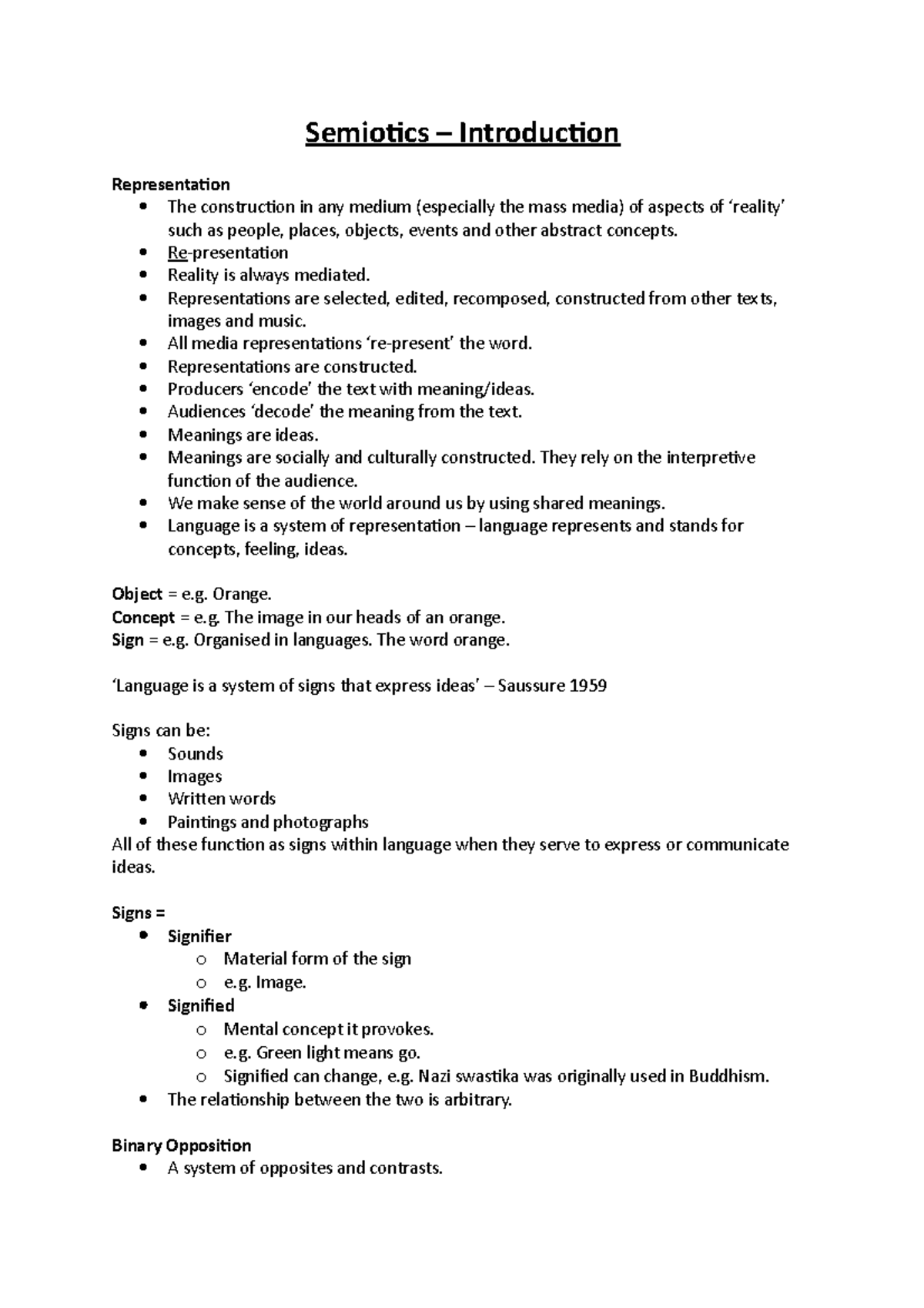 Notes on Semiotics - Semiotics – Introduction Representation The ...