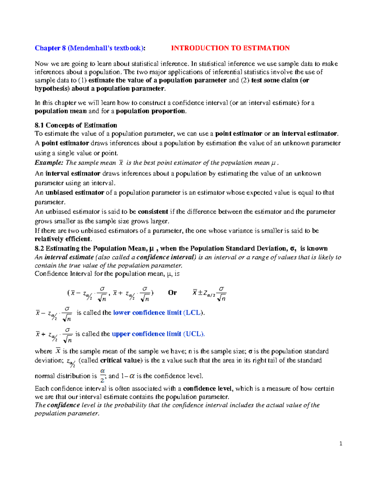Chapter 8 - Notes - Estimation & Confidence Intervals - Chapter 8 ...