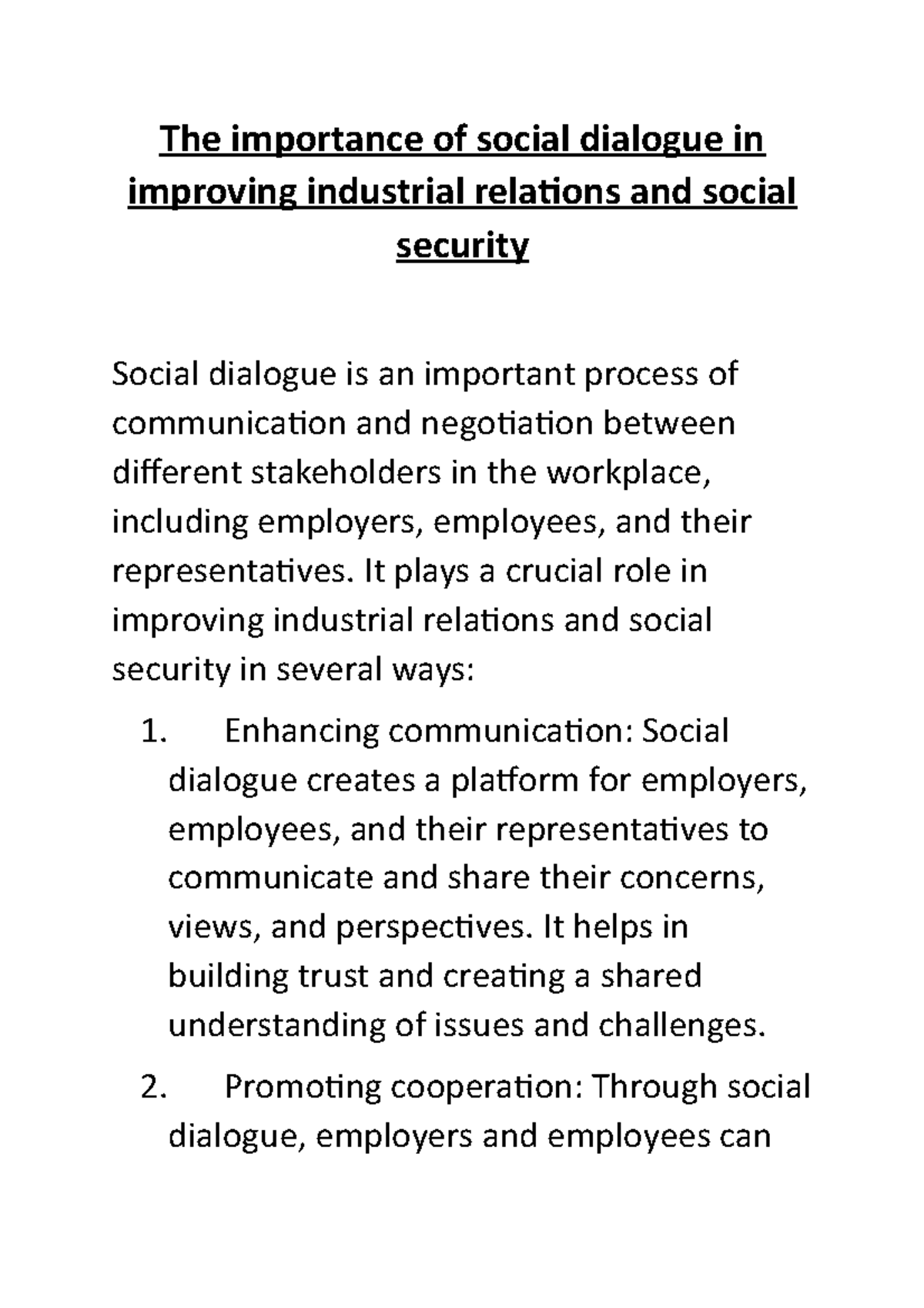 The importance of social dialogue in improving industrial relations and ...