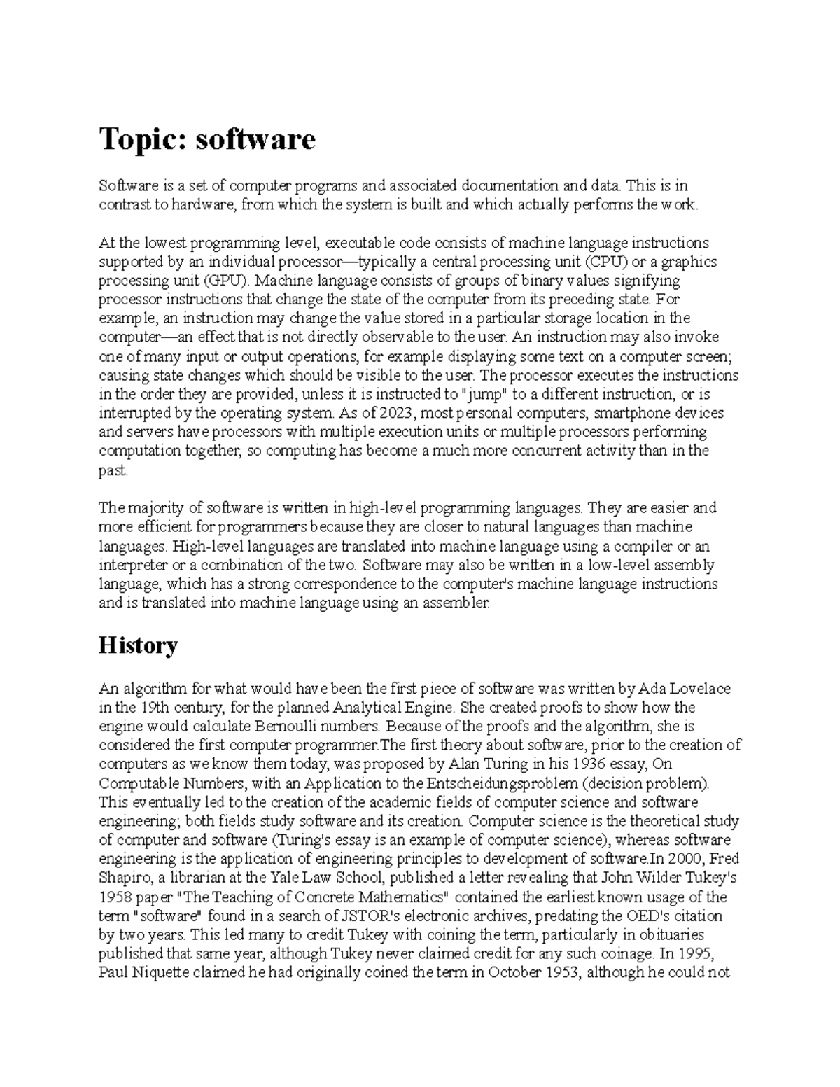 Software - Assingment on the topic. - Topic: software Software is a set ...