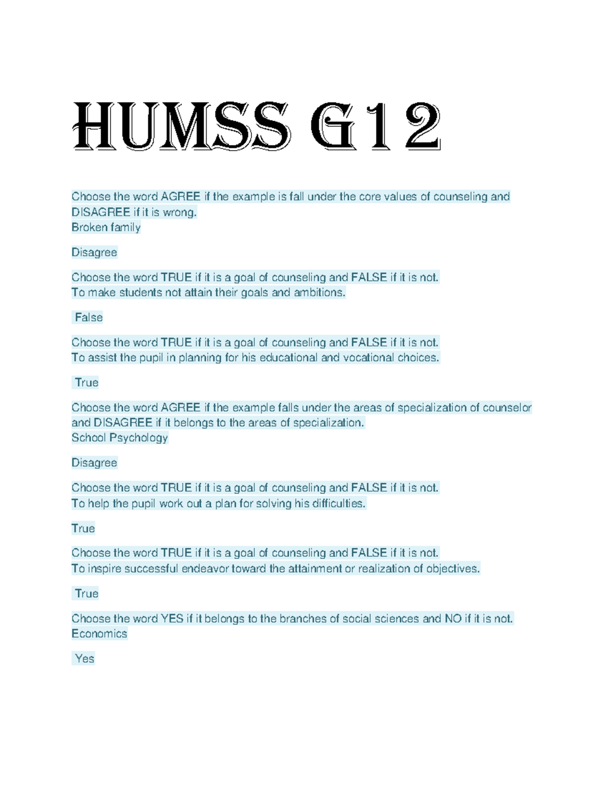 G12-humss-122-week-1-to-9 compress - HUMSS G Choose the word AGREE if ...