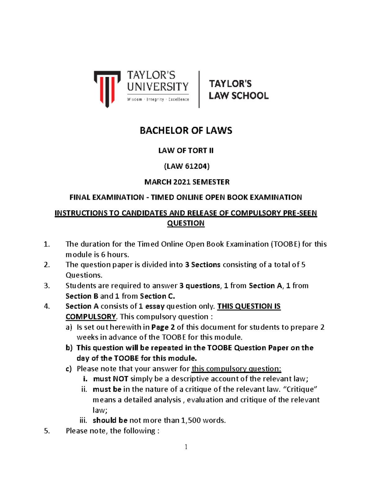Law of Tort II 202103 Pre-Seen Question - 1 BACHELOR OF LAWS LAW OF ...