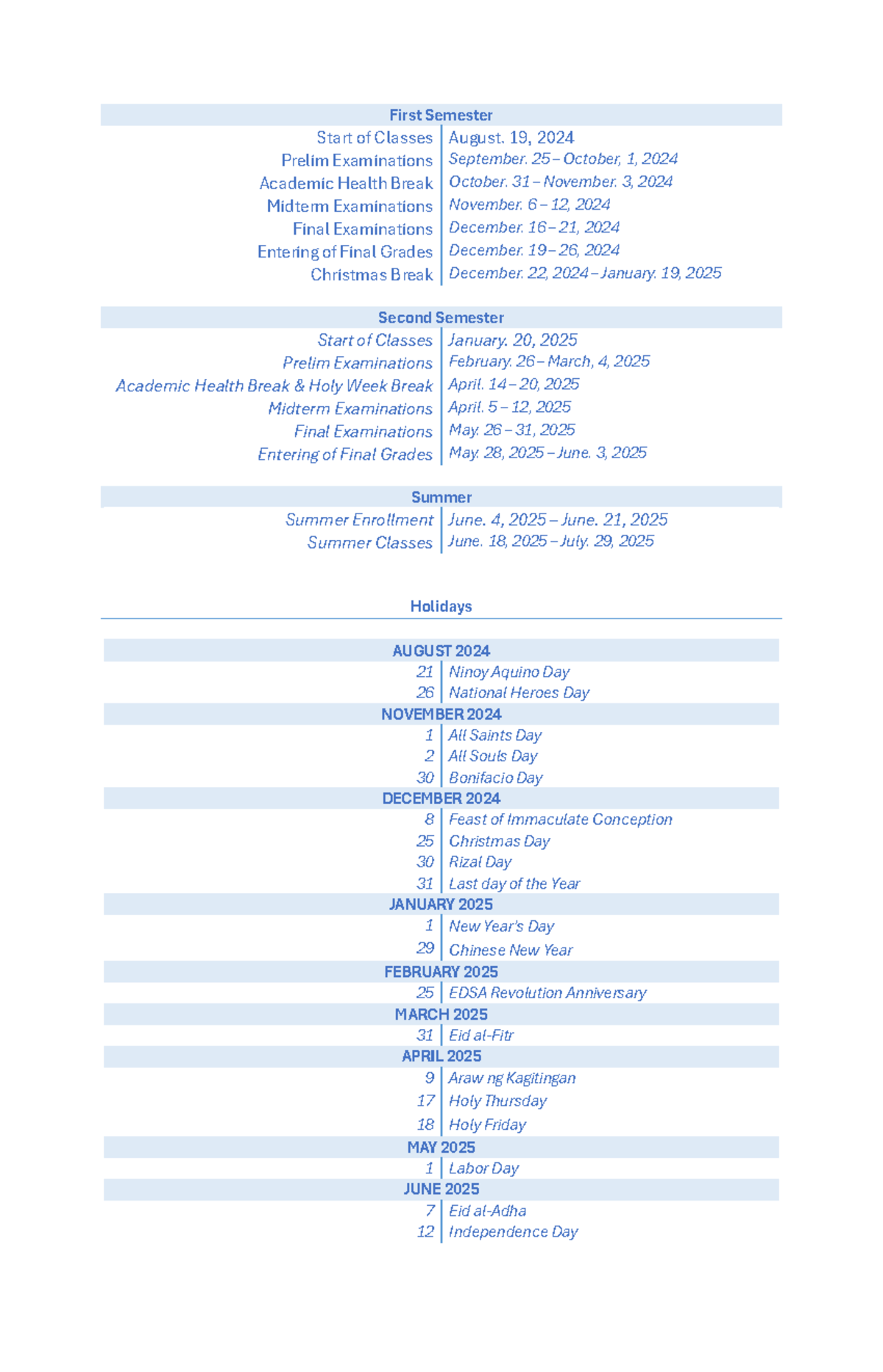 Academic Calendar - First Semester Start of Classes August. 19, 2024 ...