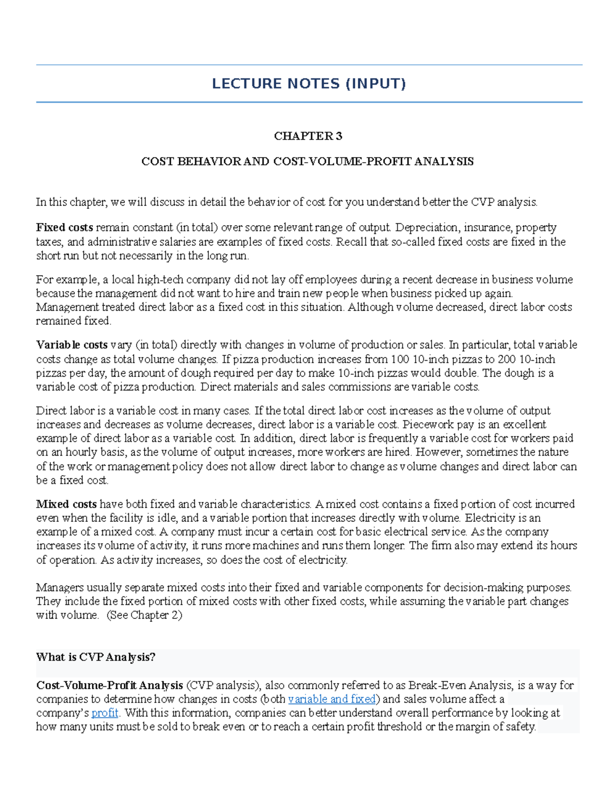Management economics - LECTURE NOTES (INPUT) CHAPTER 3 COST BEHAVIOR ...