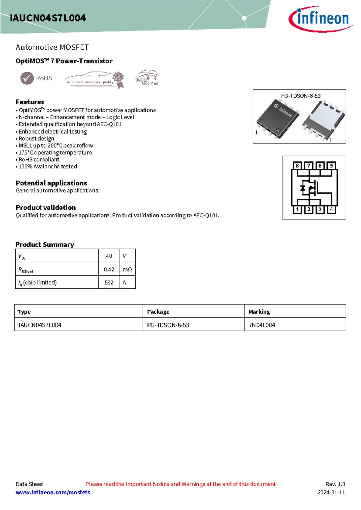 Infineon Iaucn 04S7L004 Data Sheet v01 00 EN-3392495 - Automotive MOSFET OptiMOS™ 7 Power ...