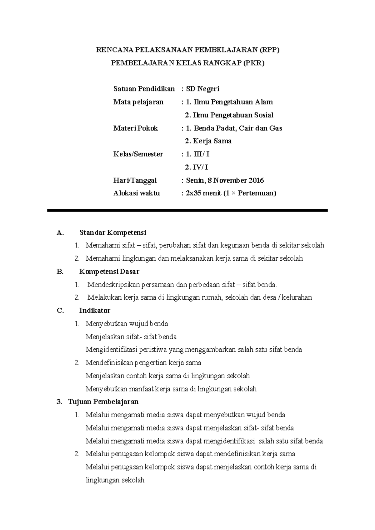 Contoh RPP Pembelajaran Kelas Rangkap - RENCANA PELAKSANAAN ...
