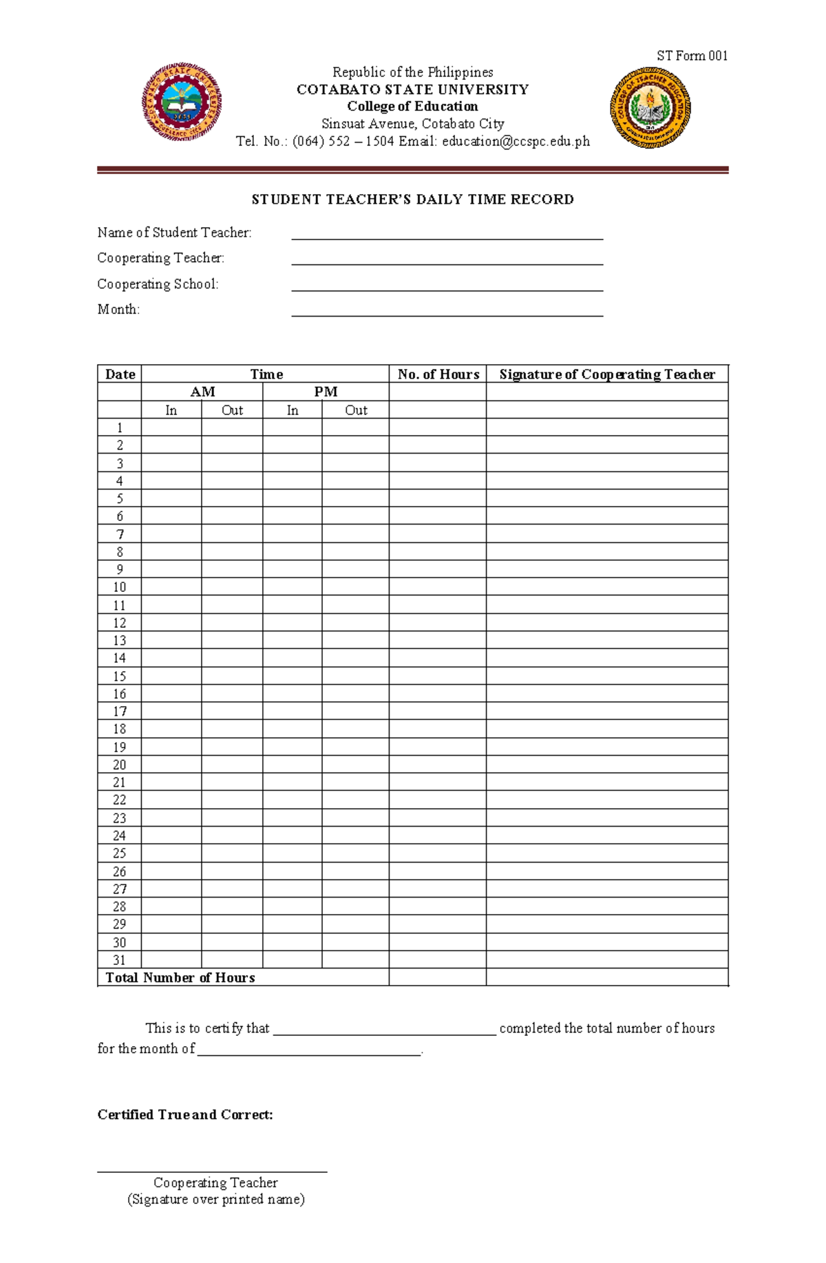ST Form 001 Student Teachers Daily Time Record - ST Form 001 Republic ...
