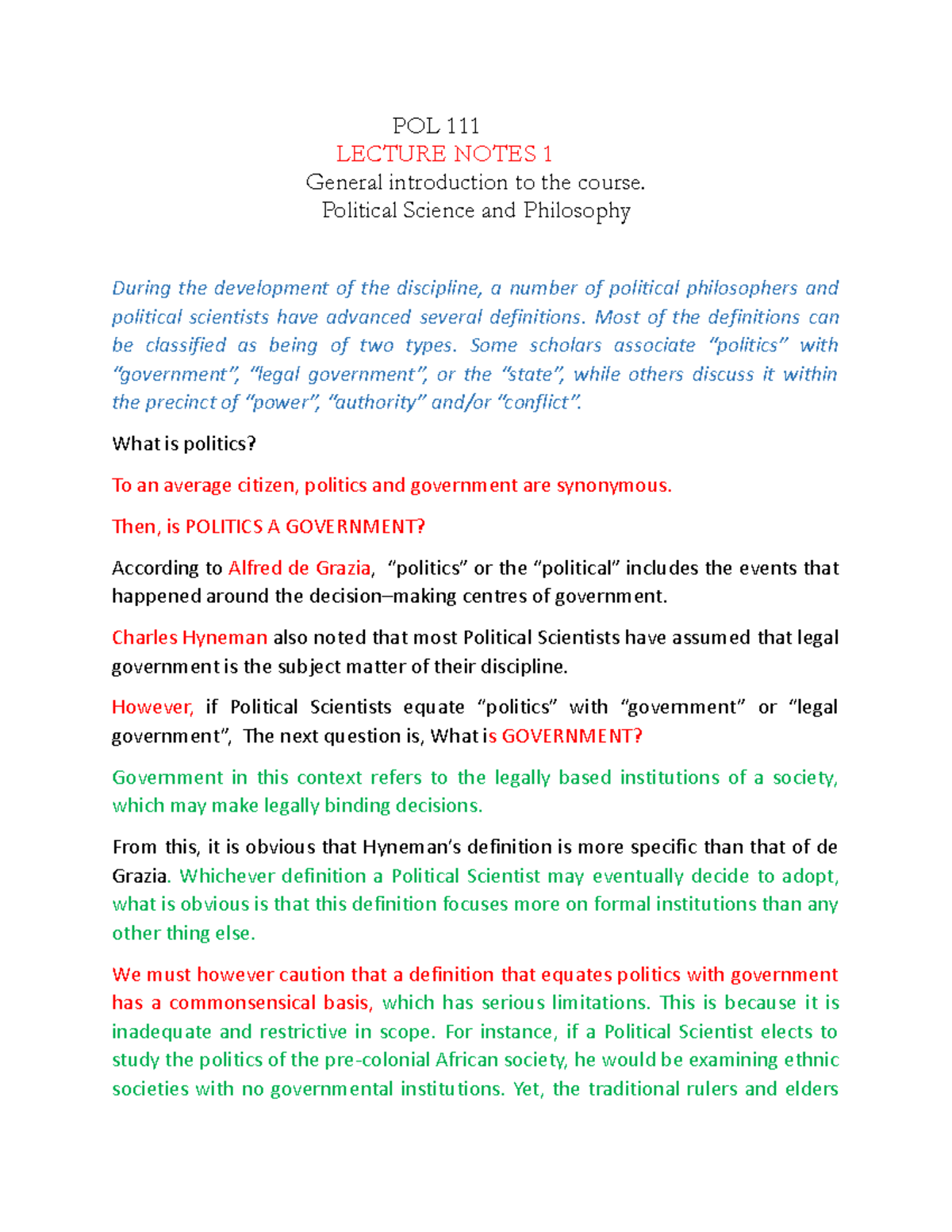 POL 111 Lecture Notes 1 - previous June question paper memorandum - POL ...