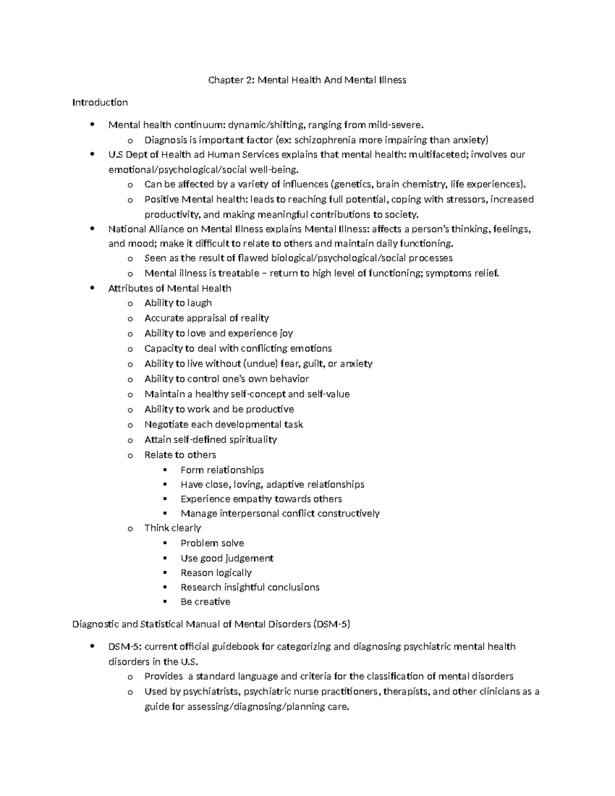 Chapter 2 - READ all notes - Chapter 2: Mental Health And Mental ...