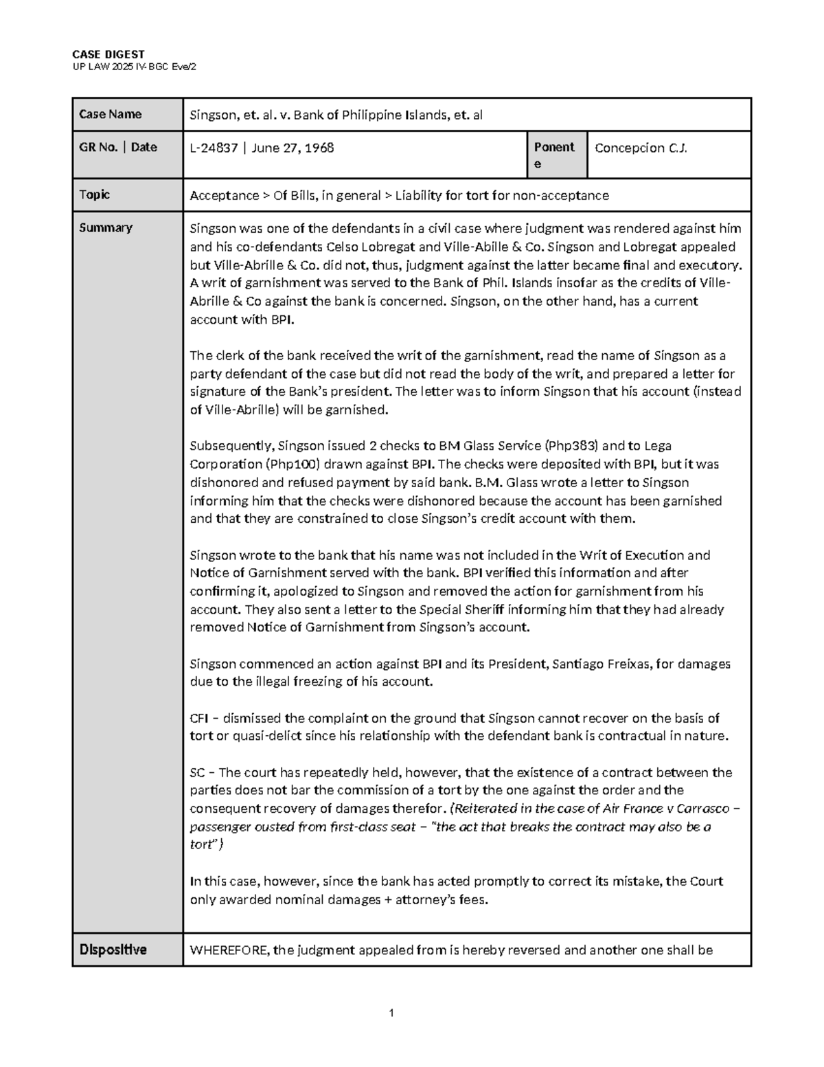Singson v. Bank of PI - CASE DIGEST UP LAW 2025 IV-BGC Eve/ Case Name ...