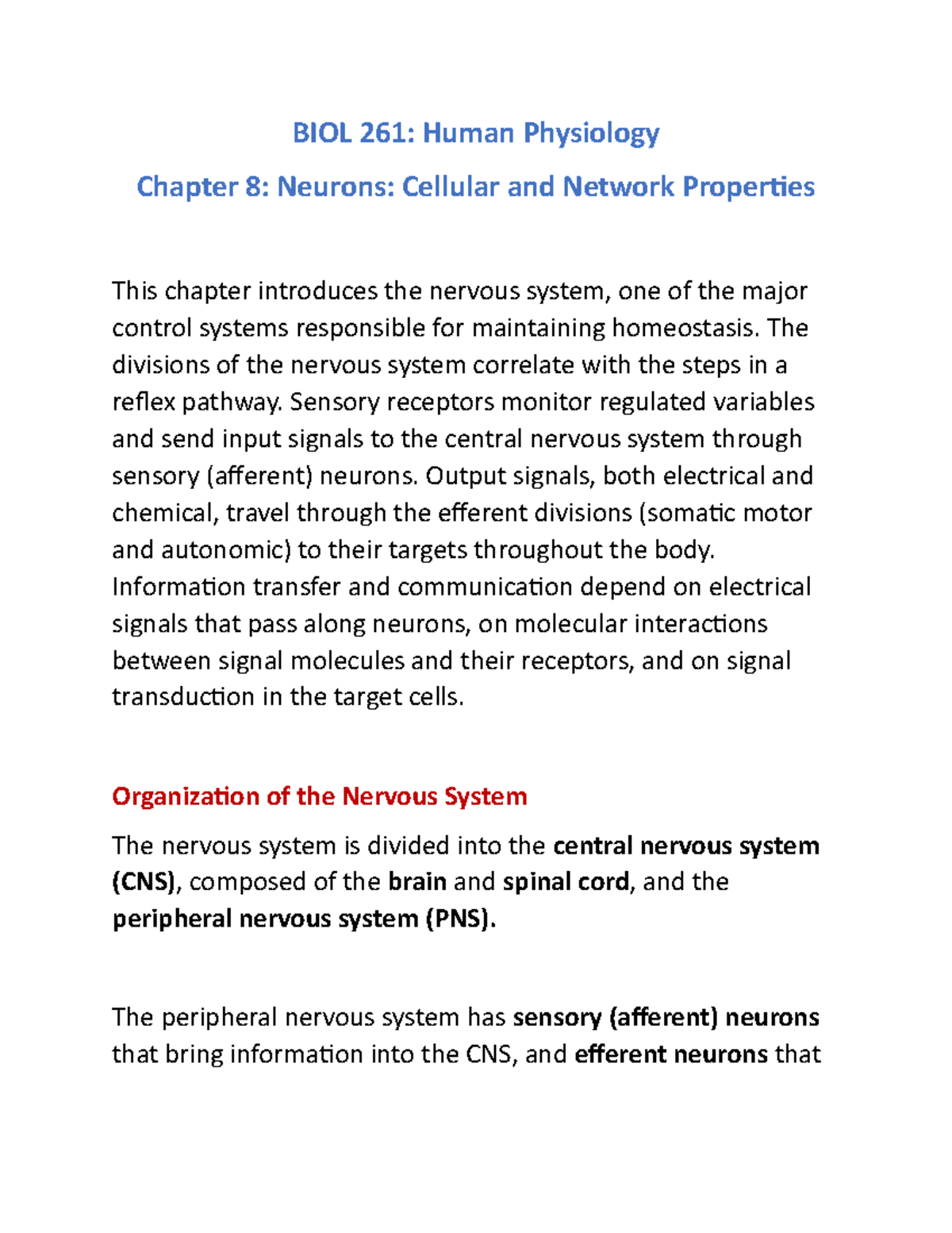 Physiology Chapter 8 - The divisions of the nervous system correlate ...
