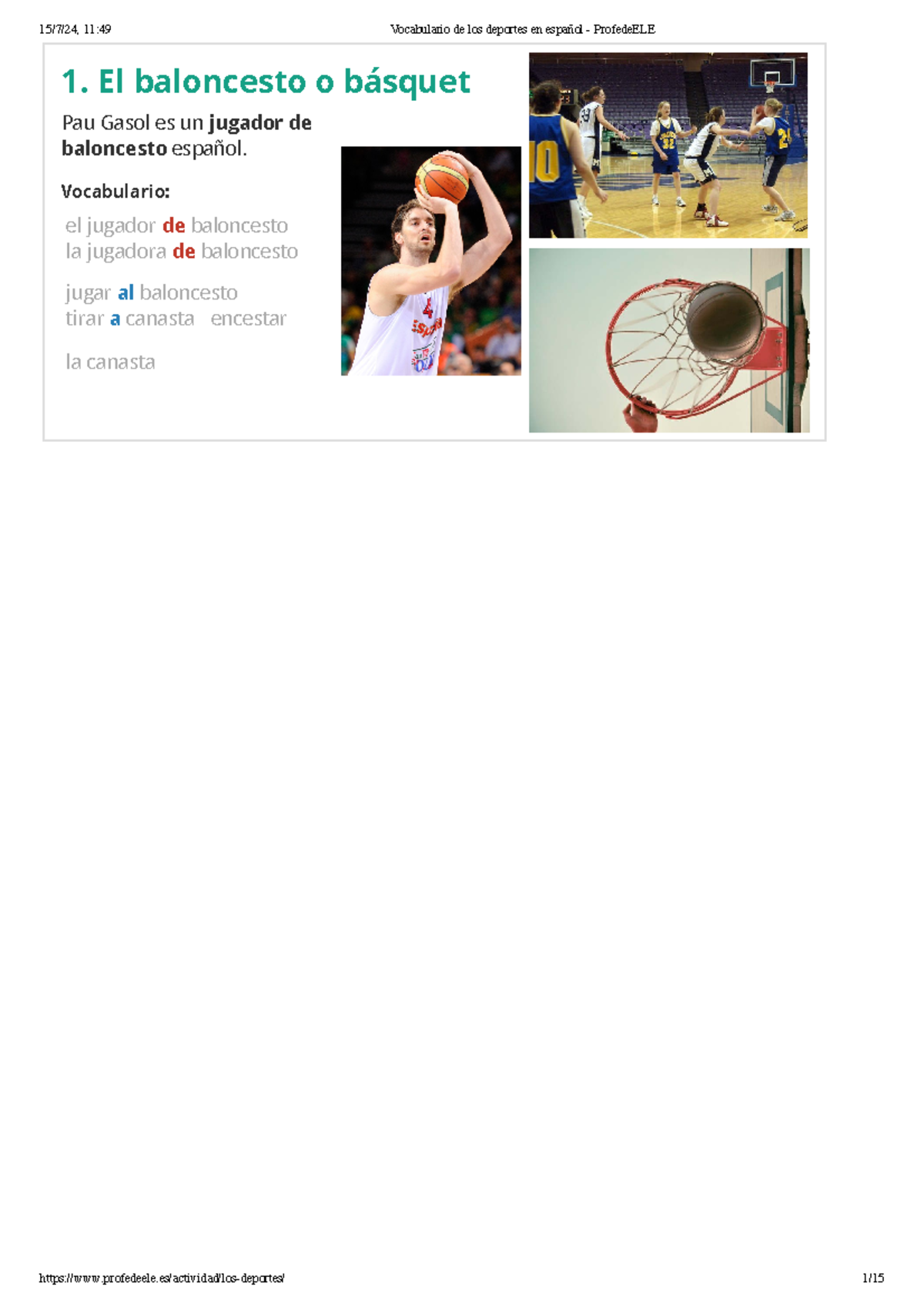 Vocabulario de los deportes en español - Profede ELE - Vocabulario: Pau ...