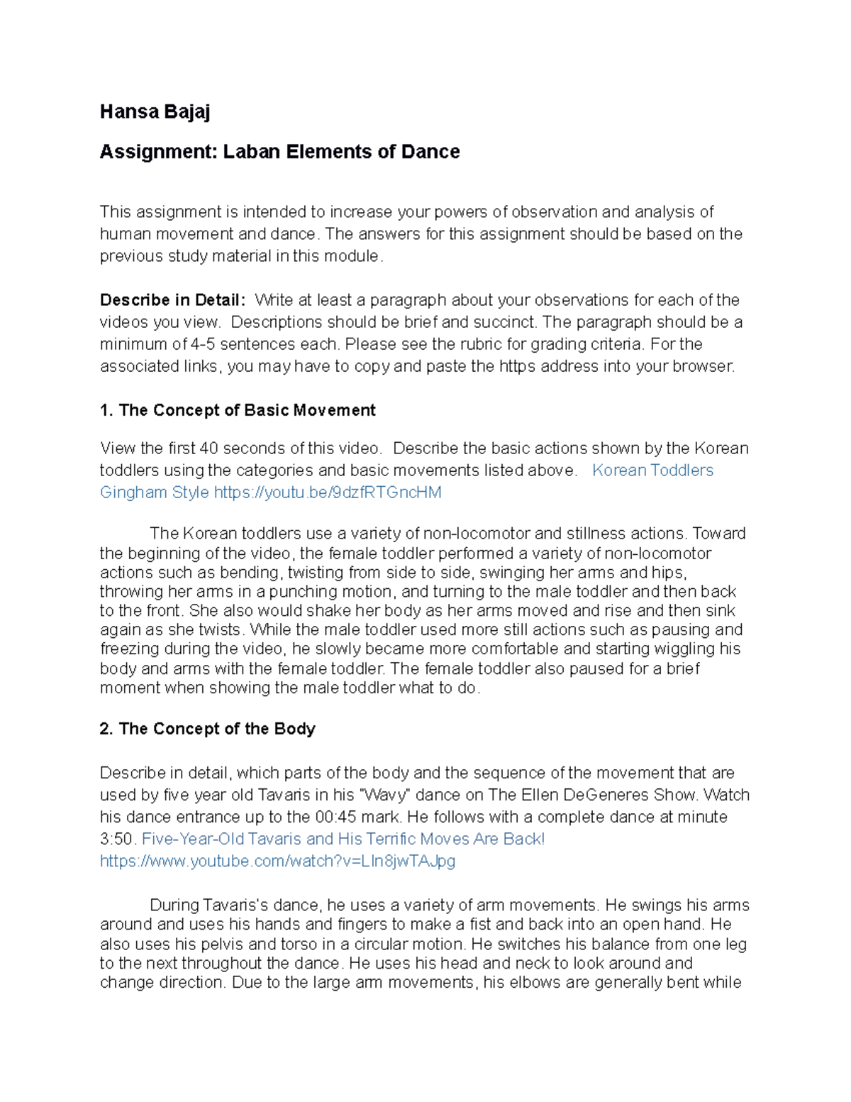 DANC 101 Laban Elements Assignment 8 - Hansa Bajaj Assignment: Laban ...