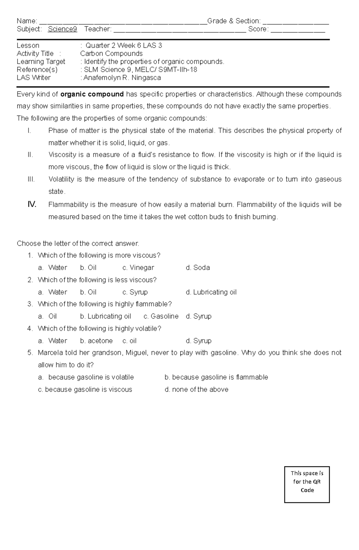 Science 9 Q2 Week6 LAS3 - Name ...