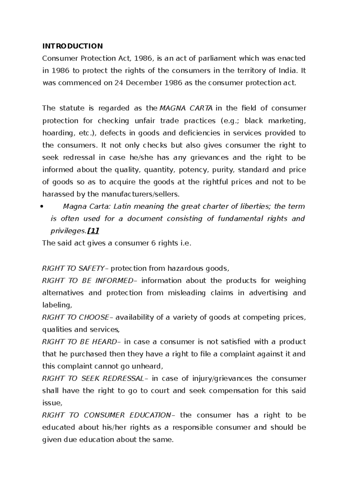 Development CPA - Summary - INTRODUCTION Consumer Protection Act, 1986 ...