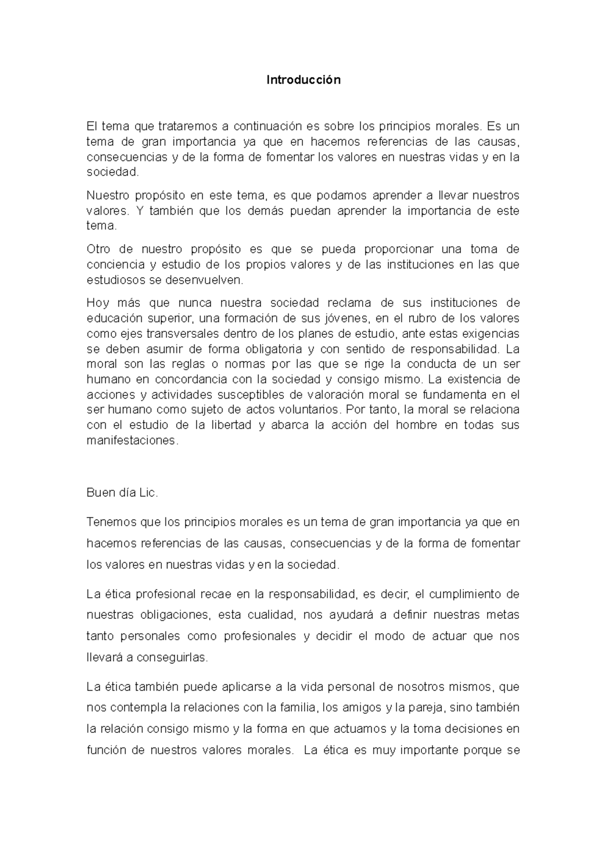 Introducción principios morales - Etica Juridica - UTH - Studocu