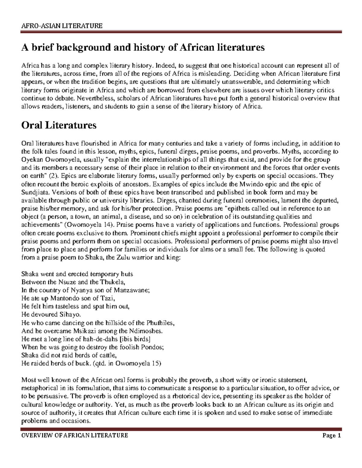 Handout overview - A brief background and history of African ...