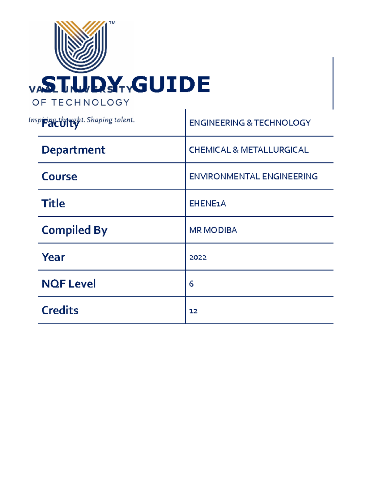 Ehene 1A Environmental ENG - STUDY GUIDE Faculty ENGINEERING ...