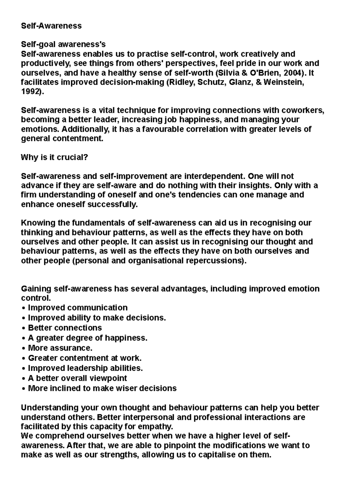 Self Awareness Notes - Self-Awareness Self-goal awareness's Self ...