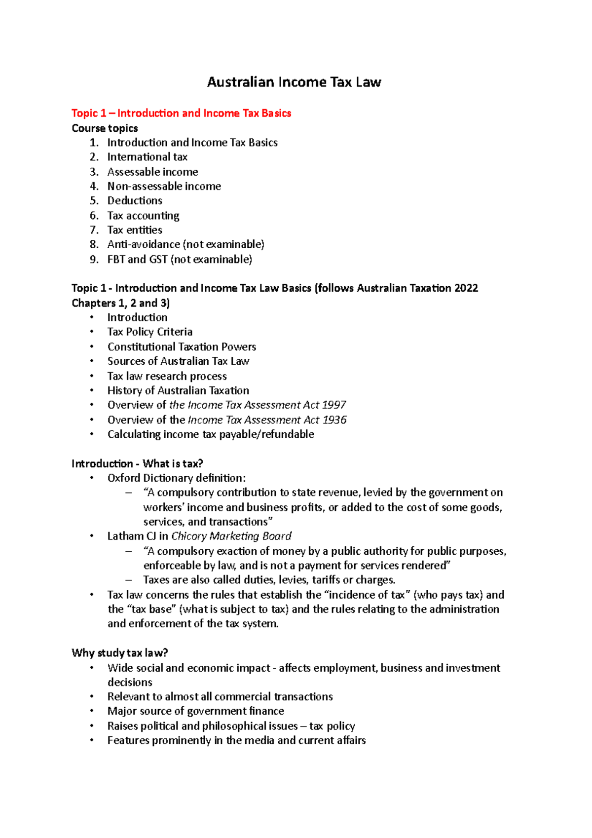 Income Tax Law Lecture notes - Australian Income Tax Law Topic 1 ...