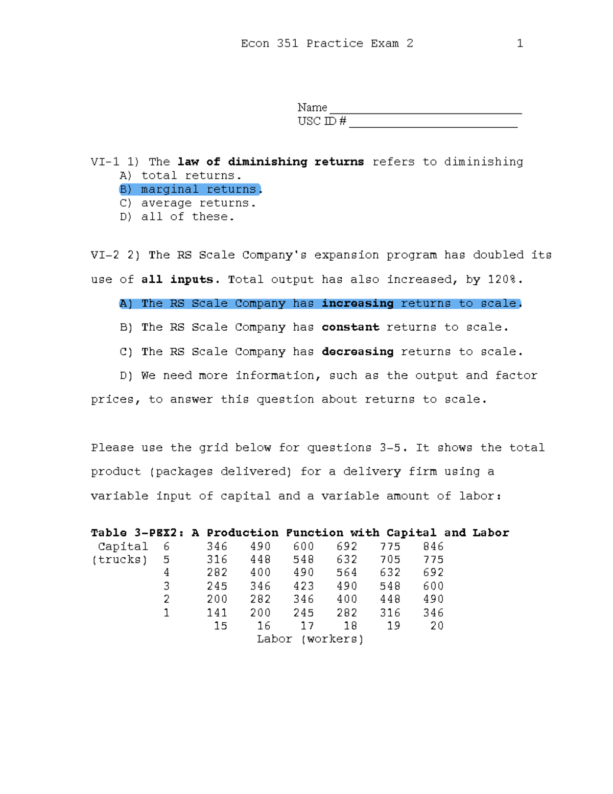 Econ 351 Prac Exam 2 2020 copy - Name ________________________________ USC ID # - Studocu