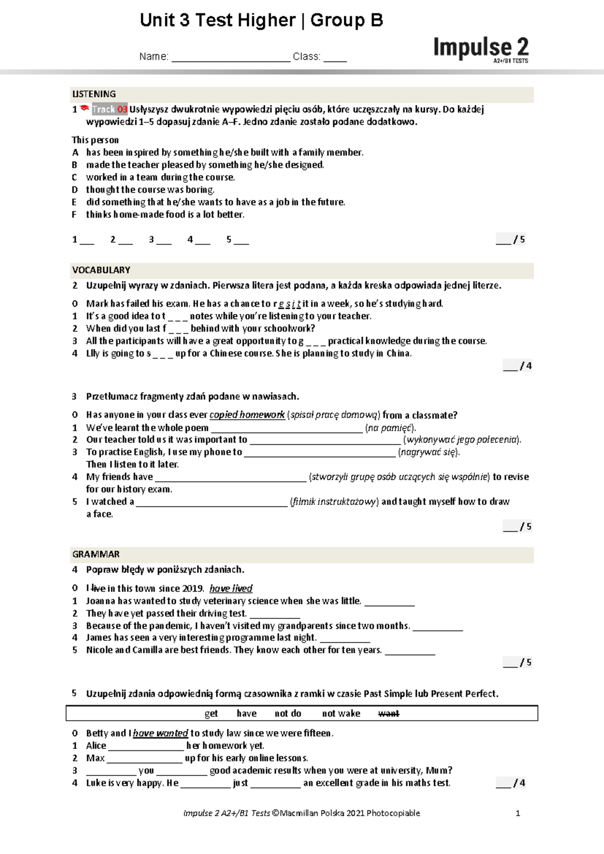 Unit 3 Test Higher B - Odpowiedzi do testu - Unit 3 Test Higher | Group ...