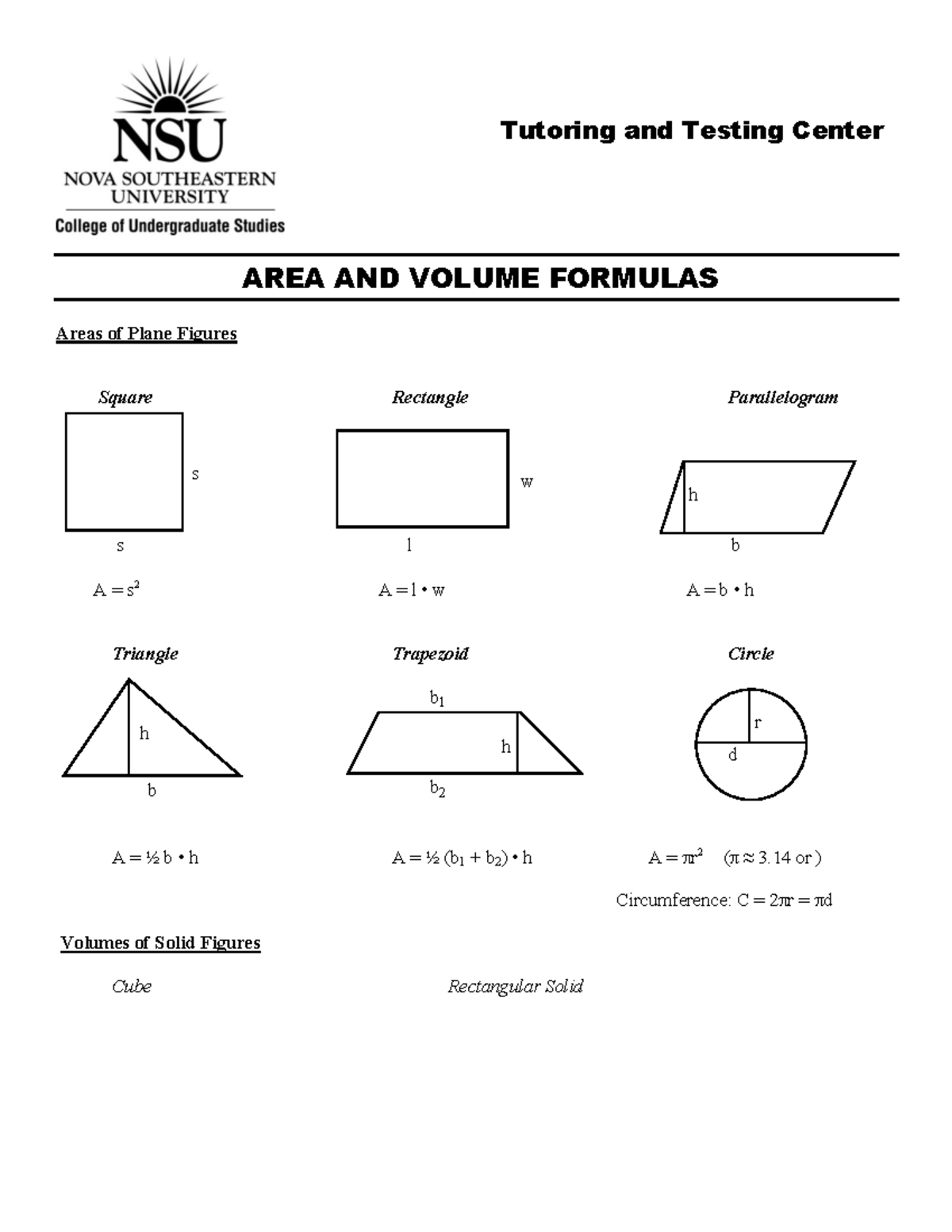 Area and volume formulas - AREA AND VOLUME FORMULAS Areas of Plane ...
