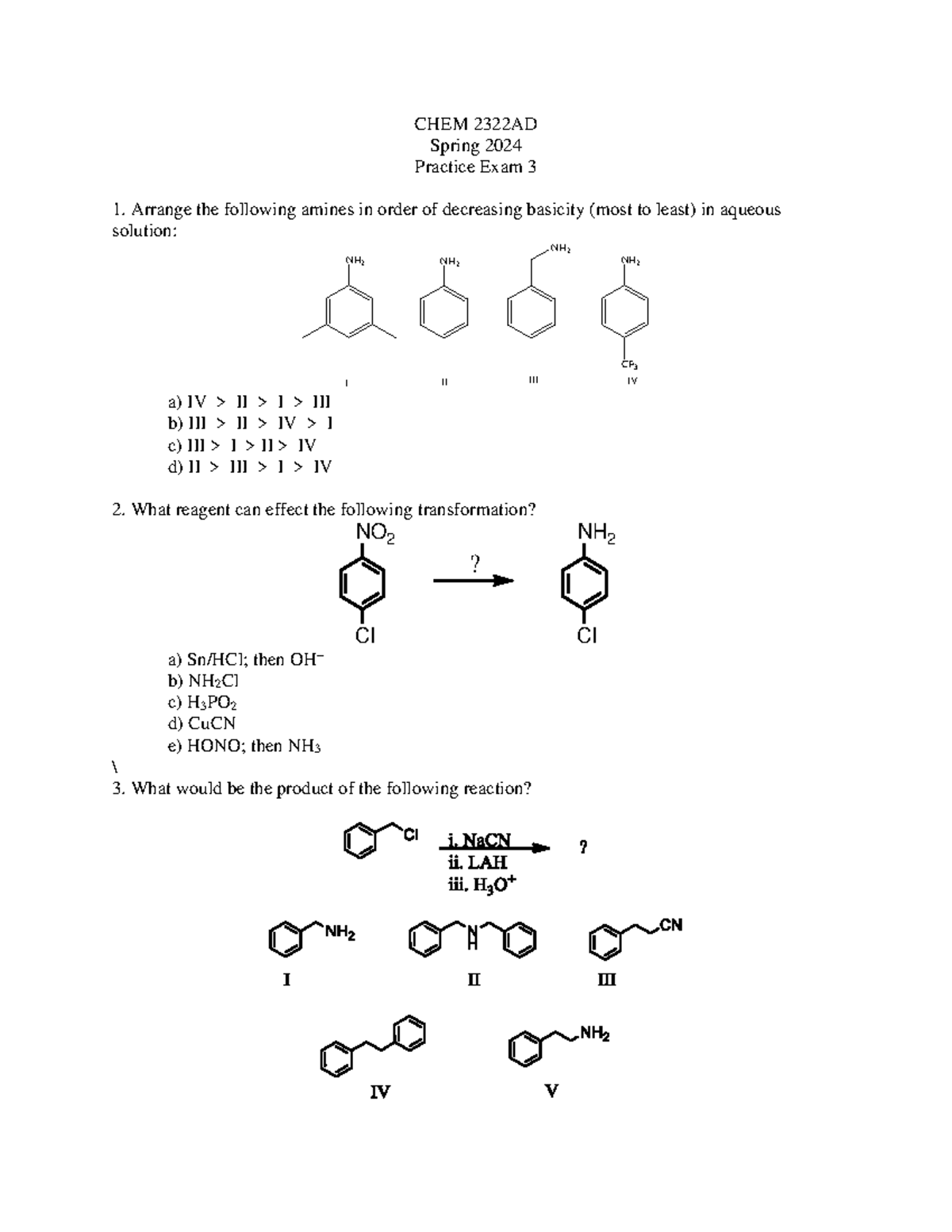 Practice Exam 3 - CHEM 2322AD Spring 2024 Practice Exam 3 Arrange the ...