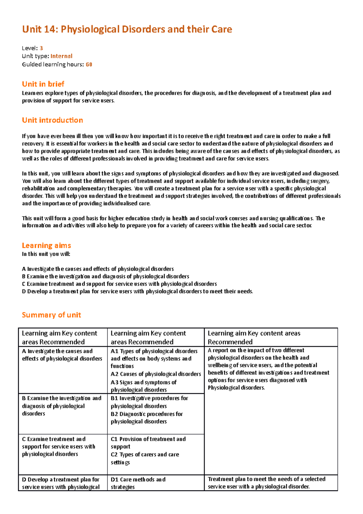 U 14 specification - Unit 14: Physiological Disorders and their Care ...