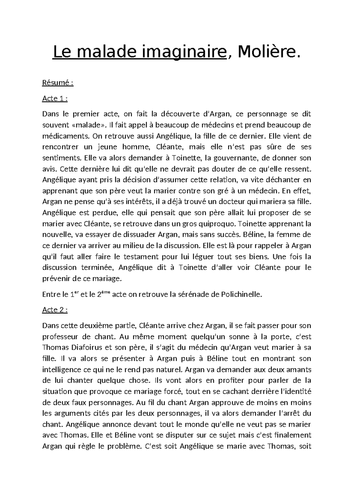 Le malade imaginaire - Fiche de lecture - Le malade imaginaire, Molière ...