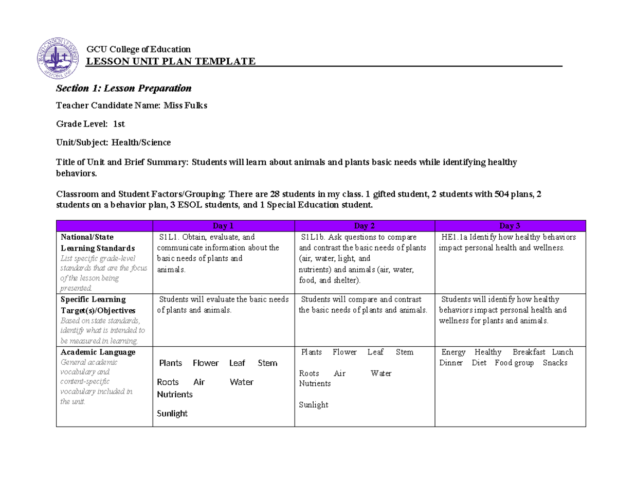 3-day unit plan - Section 1: Lesson Preparation Teacher Candidate Name ...