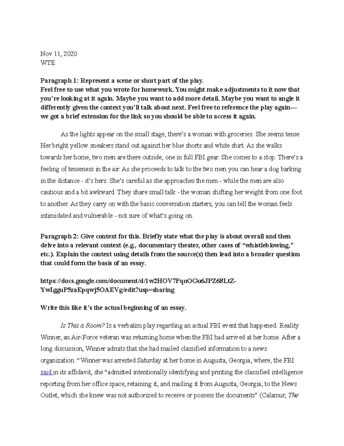 Hypothetical Essay IS THIS A ROOM - Nov 11, 2020 WTE Paragraph 1 ...