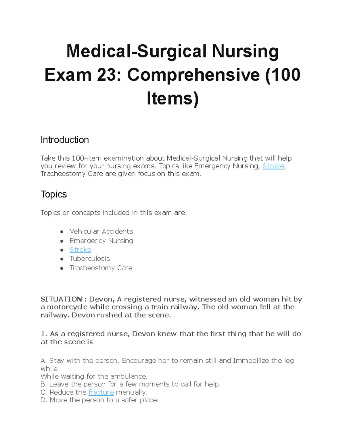Medical-Surgical Nursing Exam 23 - Topics like Emergency Nursing ...