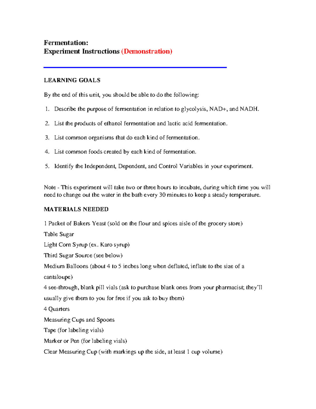 Fermentationexperiment 20 - Fermentation: Experiment Instructions ...
