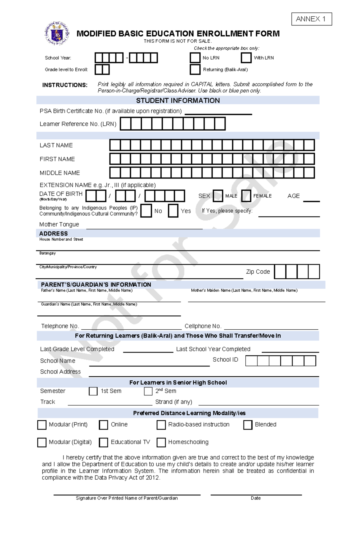 Modified Basic Enrollment Form - MODIFIED BASIC EDUCATION ENROLLMENT ...