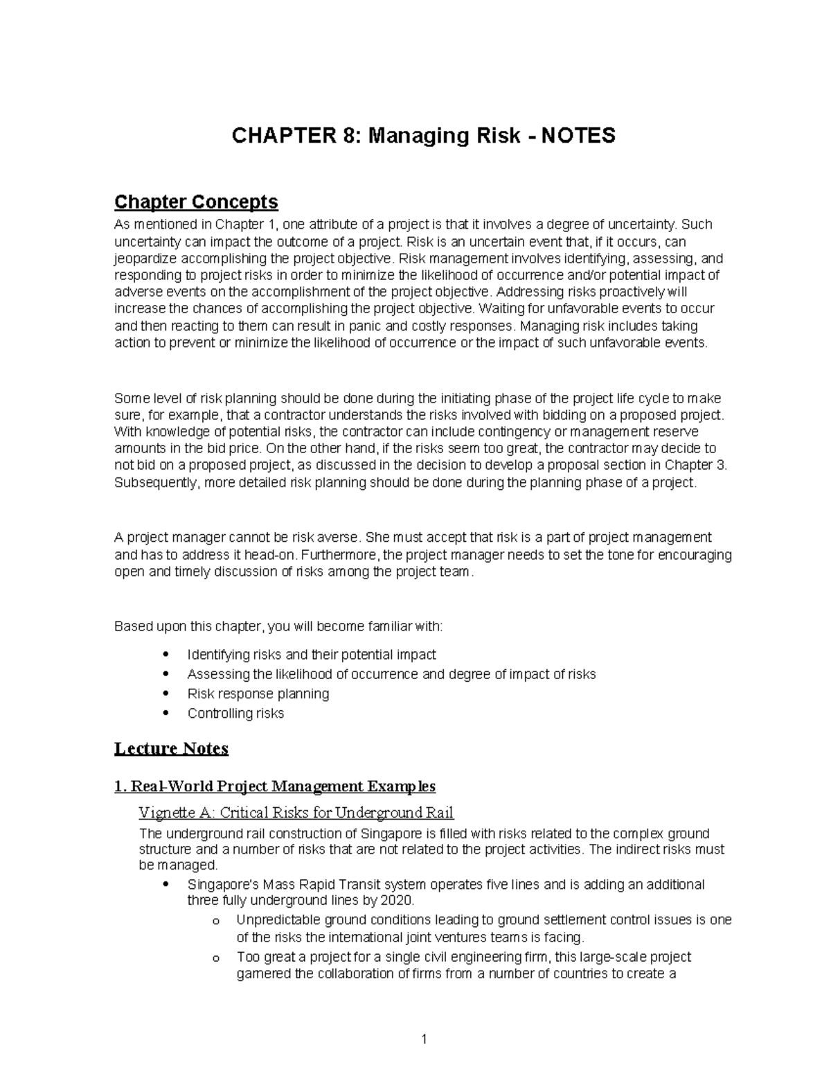Chapter 8 Course Notes - CHAPTER 8: Managing Risk - NOTES Chapter ...