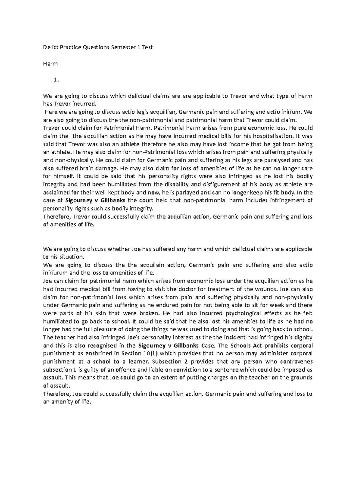 Law of Delict Practice - Delict Practice Questions Semester 1 Test Harm ...