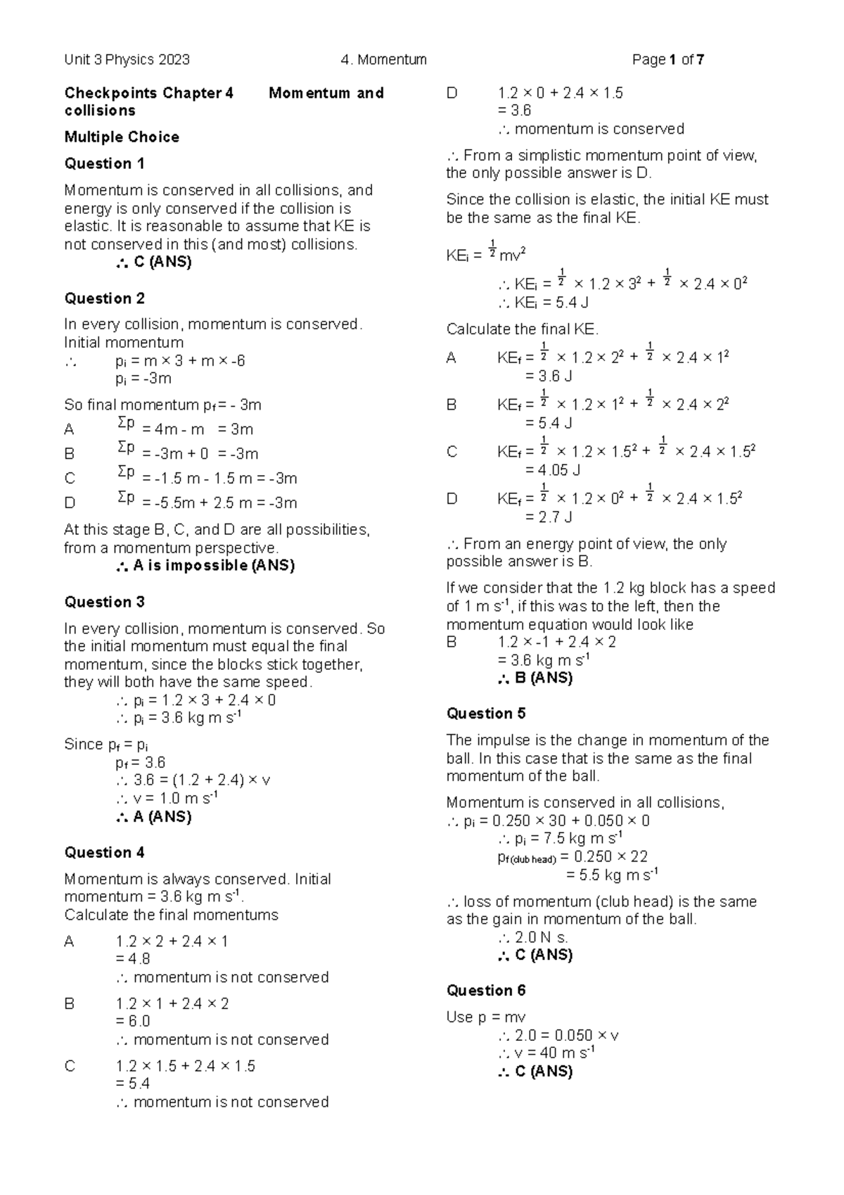 4 Checkpoints Momentum solutions 2023 - Checkpoints Chapter 4 Momentum ...