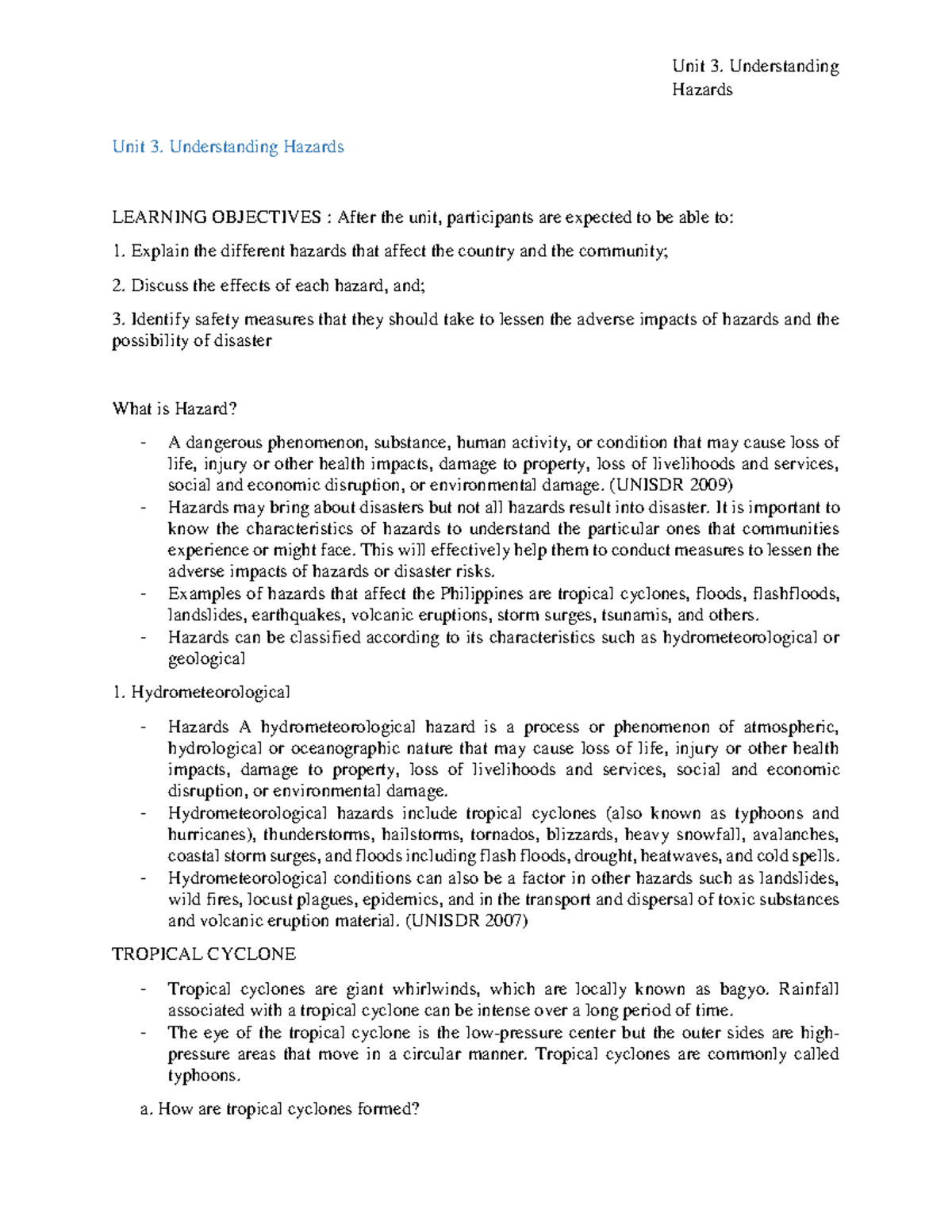 CDM UNIT 3 - Additional info for DRRM - Hazards Unit 3. Understanding ...