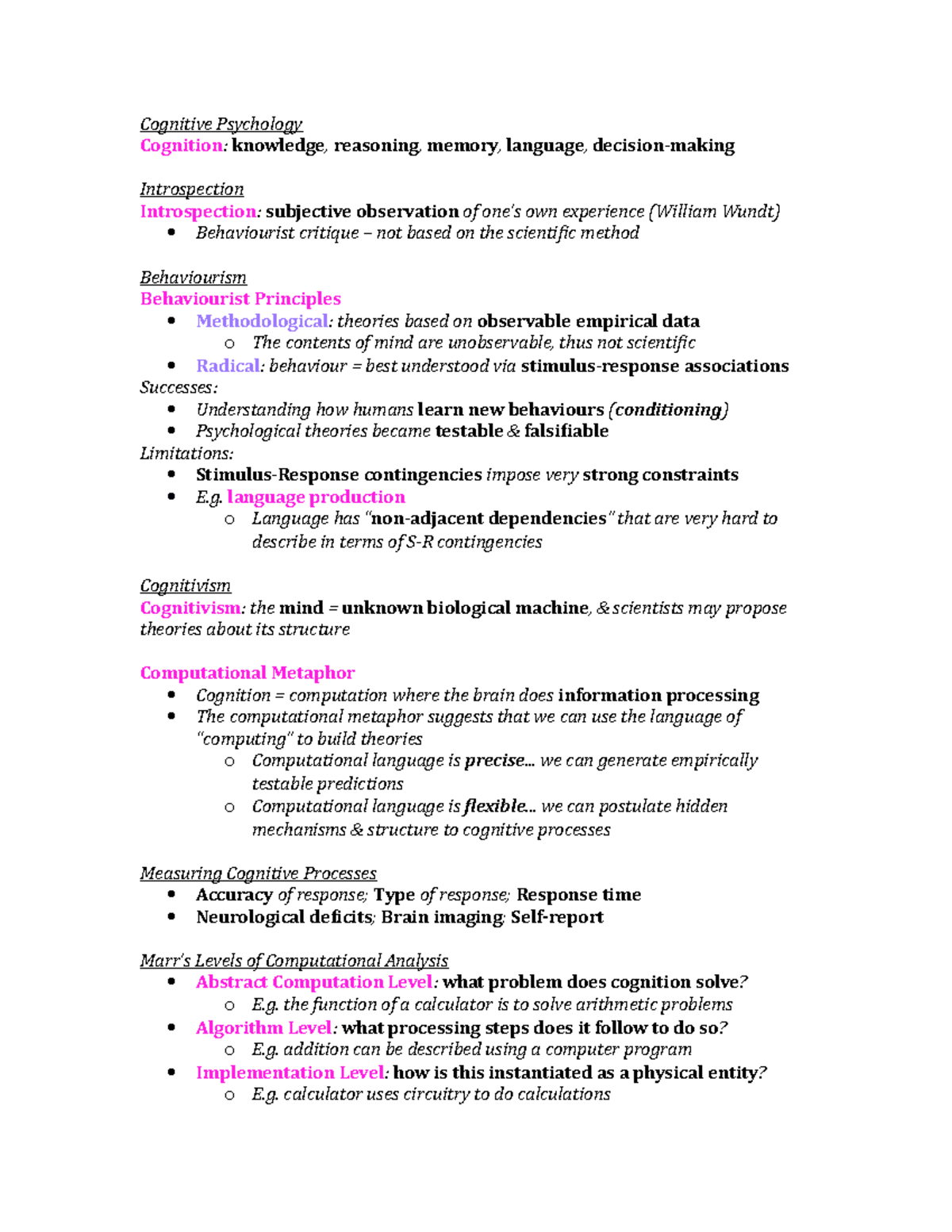 Cognitive Psychology Notes - Cognitive Psychology Cognition: knowledge ...