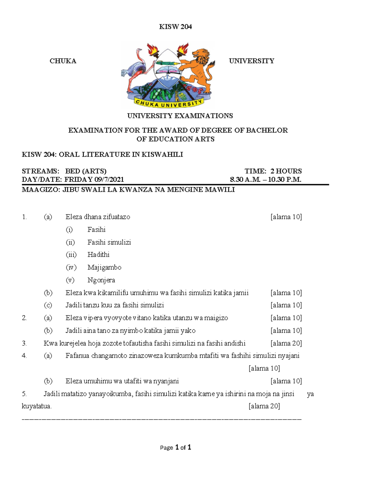 KISW 204 - Lecture notes - KISW 204 CHUKA UNIVERSITY UNIVERSITY ...